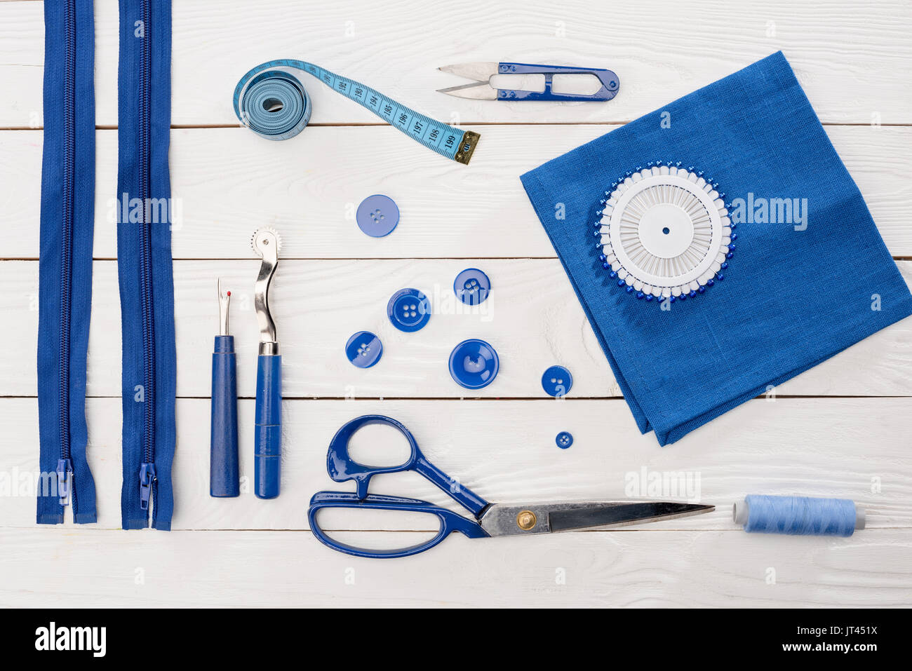 top view of workshop with needlework details and tools mock-up Stock ...