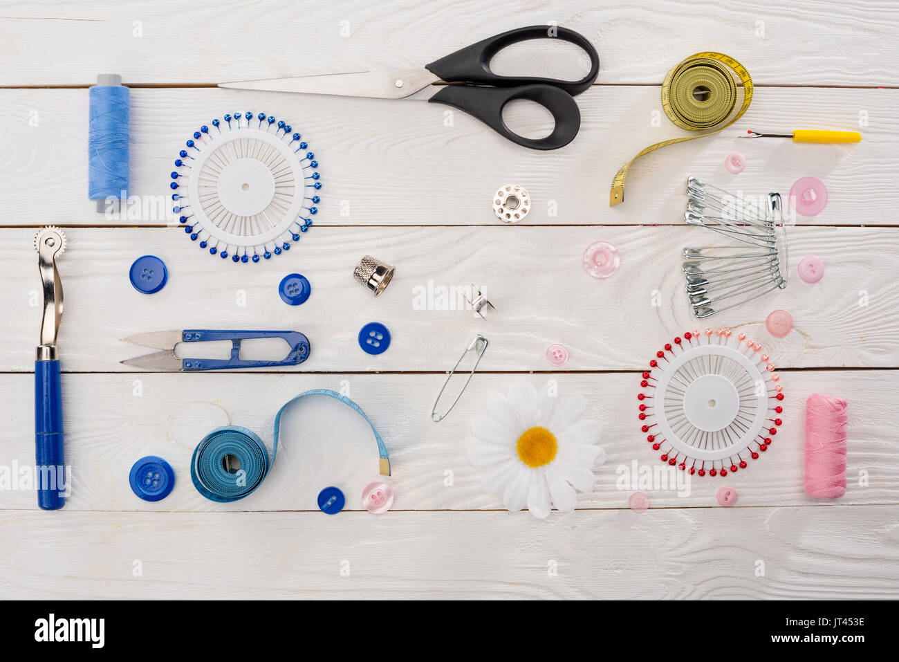 top view of workshop with needlework details and tools mock-up Stock ...