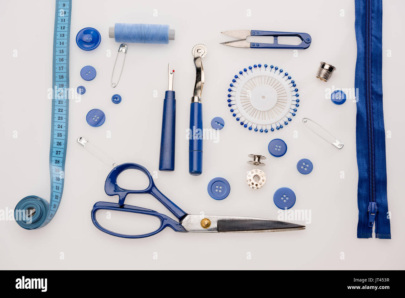 top view of workshop with needlework details and tools mock-up Stock ...