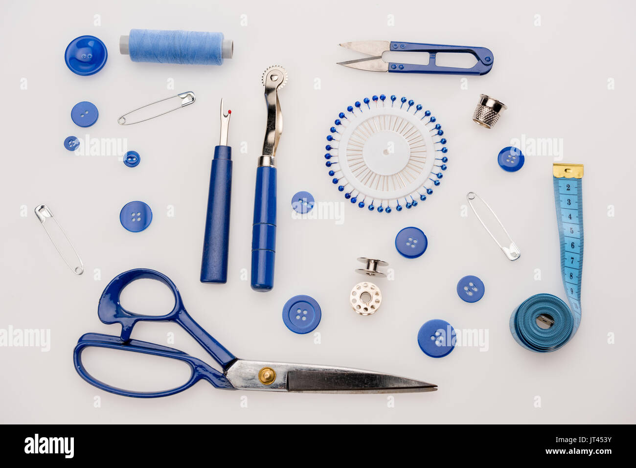 top view of workshop with needlework details and tools mock-up Stock ...