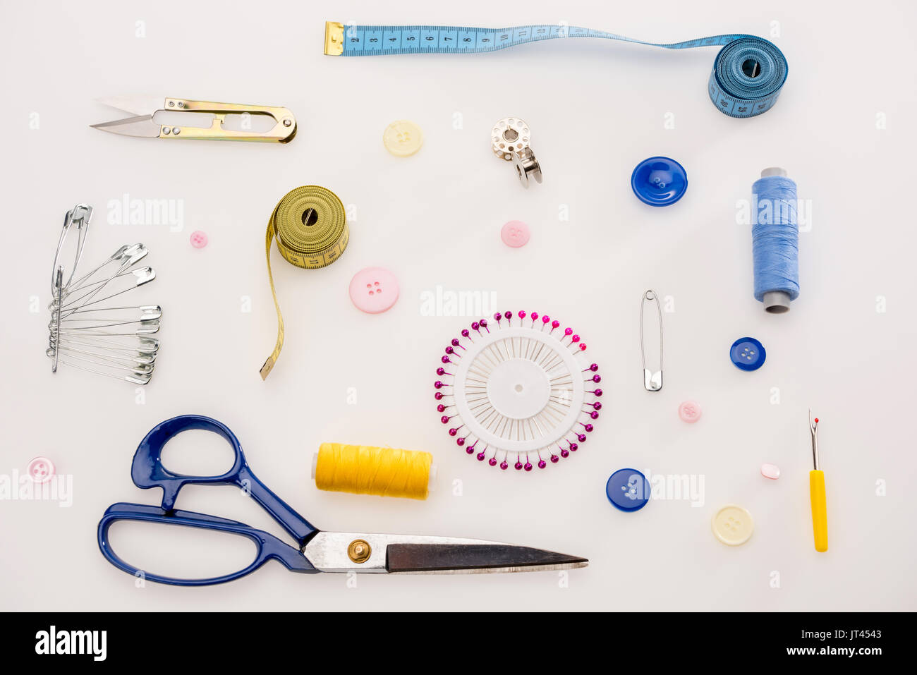 top view of workshop with needlework details and tools mock-up Stock ...