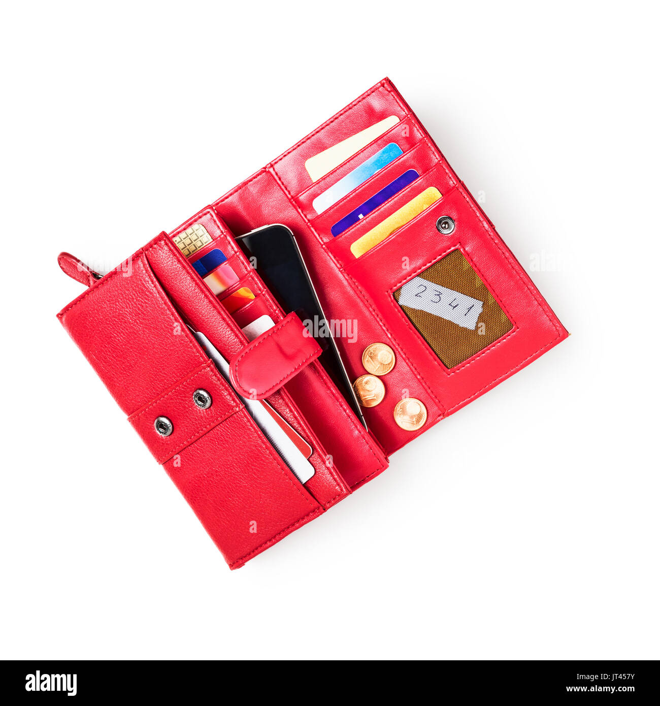 Open wallet with credit cards, smartphone and pin code on sticky note ...