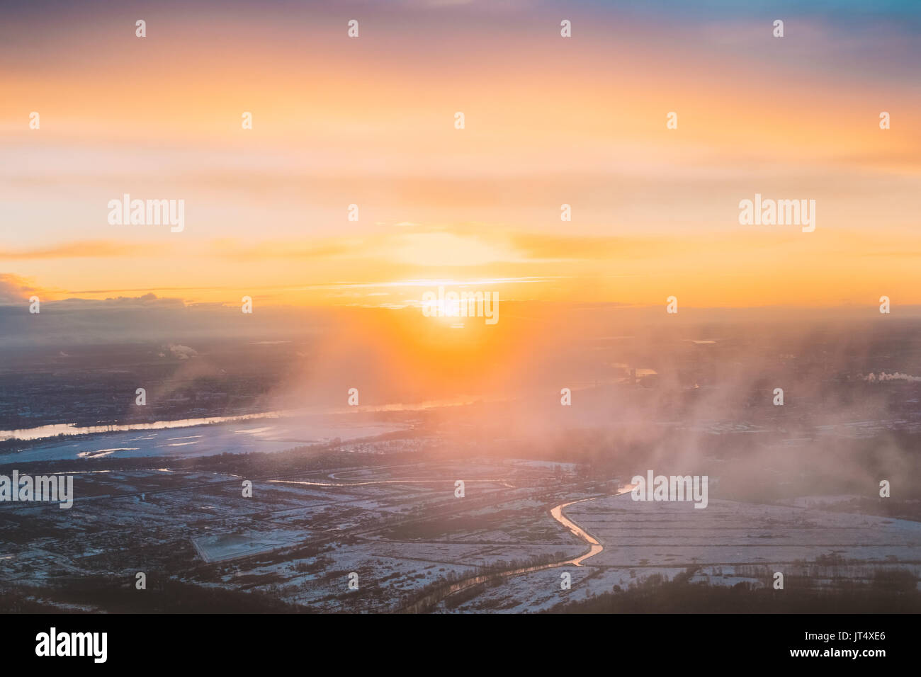 Top View Of Sunset Sunrise Over Earth. Aerial View From High Altitude ...