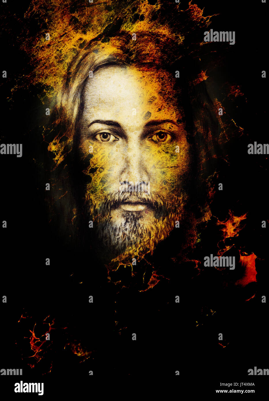 Pencils drawing of Jesus on vintage paper and color structure. Eye ...