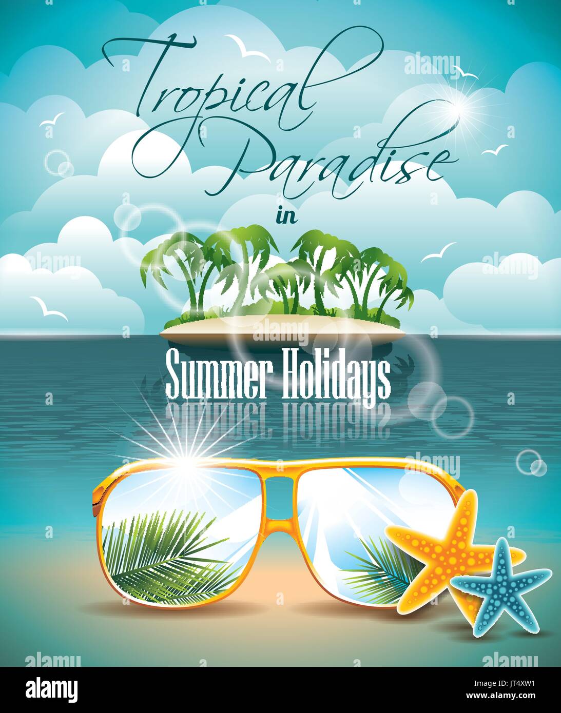 Vector Summer Holiday Flyer Design with palm trees and Paradise Island ...