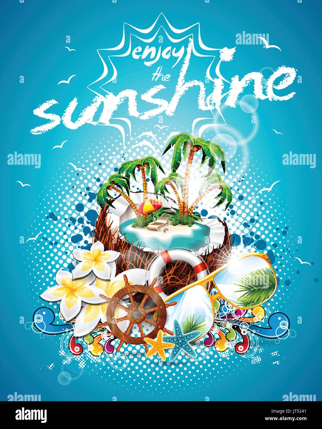 Vector Summer Holiday Flyer Design with coconut and Paradise Island on ...