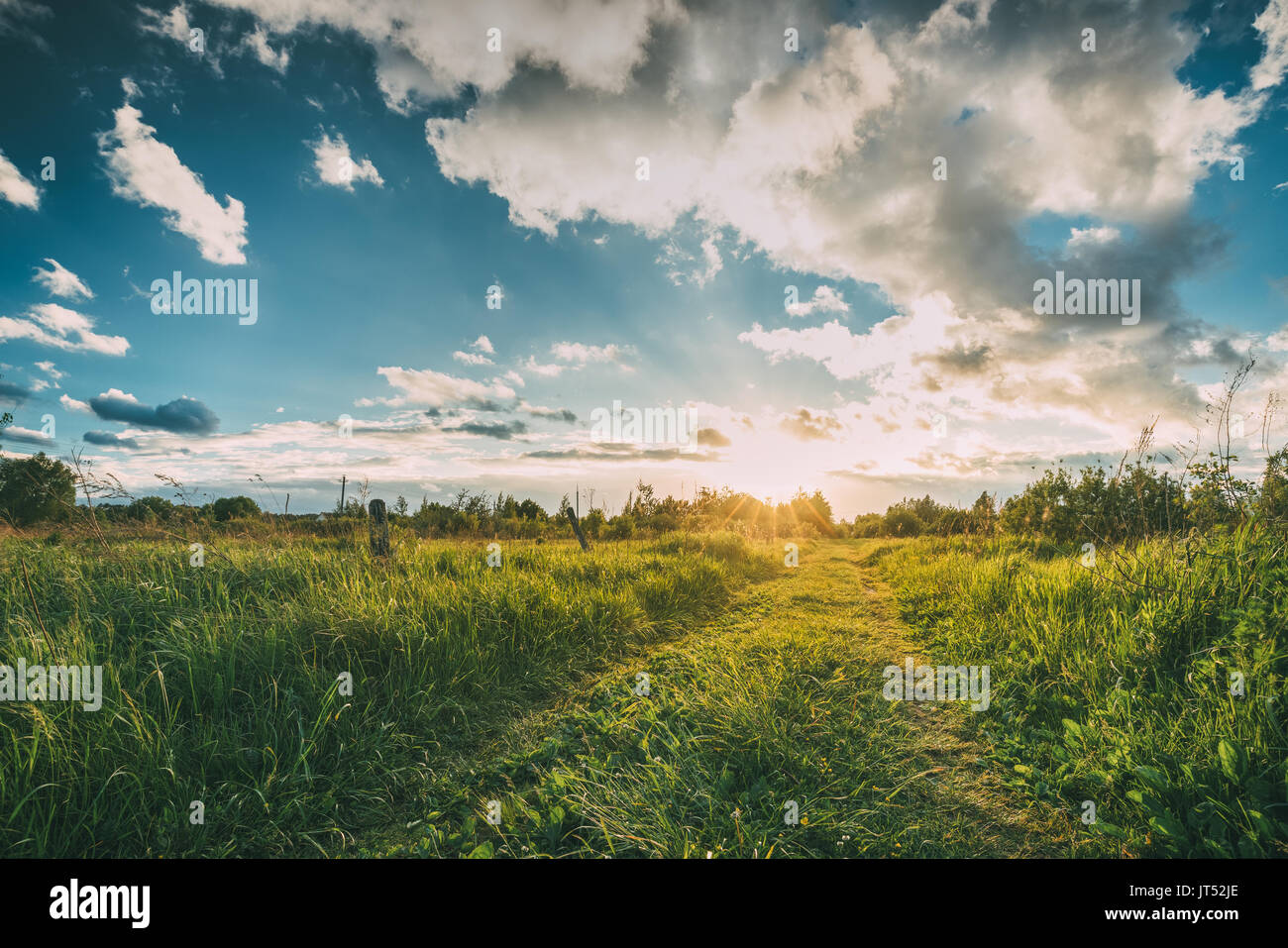 Beautiful Sunset, Sunrise Over Rural Meadow. Dramatic Sky And Country ...