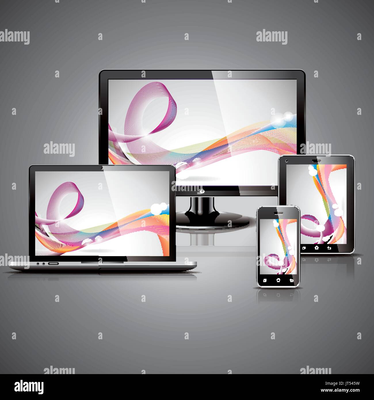 Vector technology styled illustration with shiny devices on gray ...