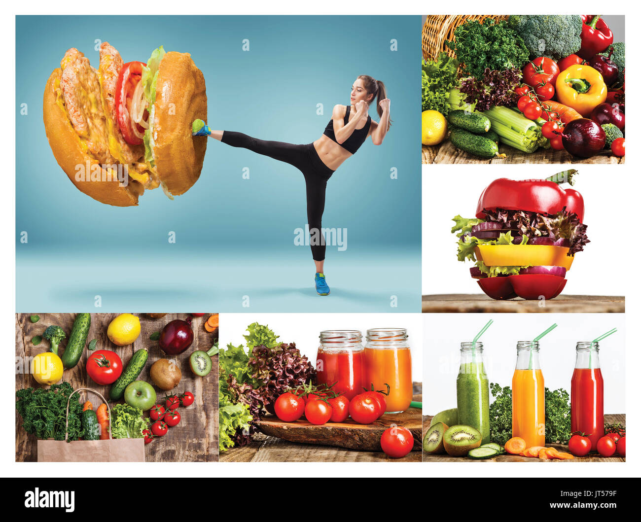 Fit young woman fighting off bad food on a blue background Stock Photo ...