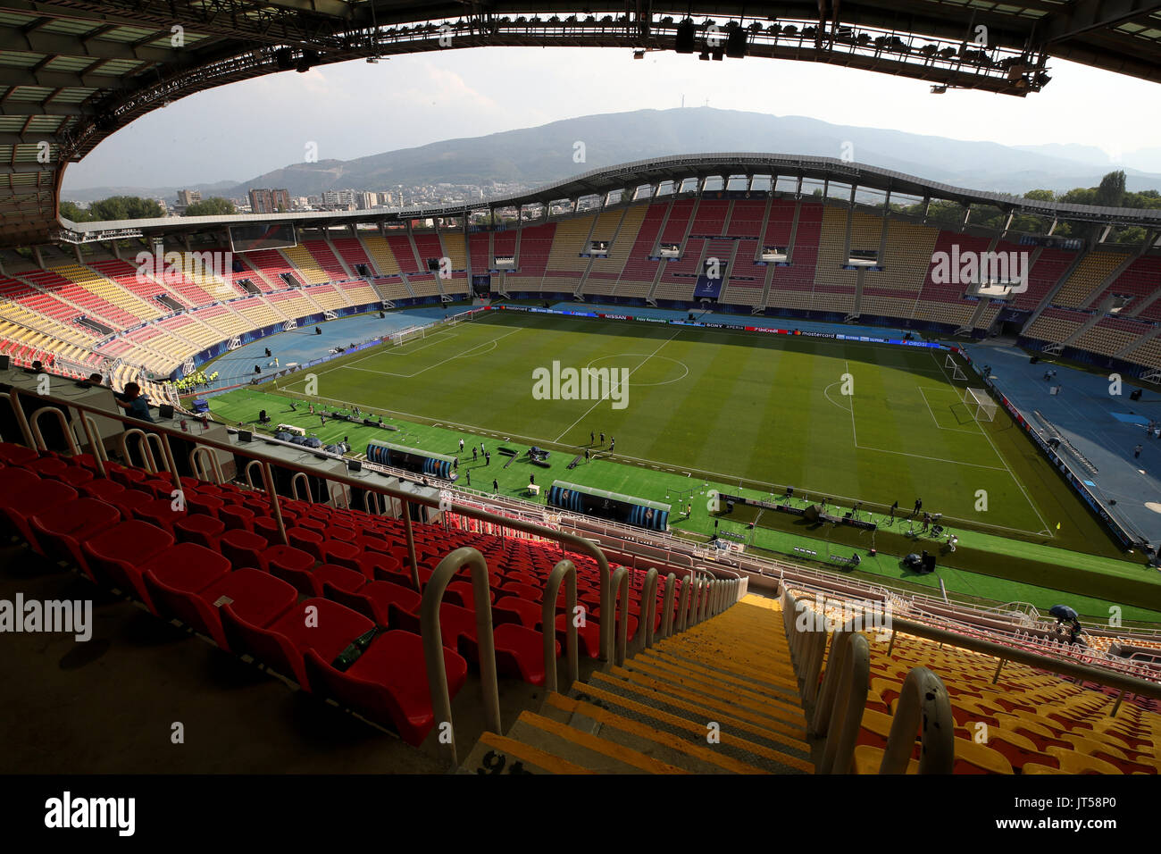 A general view of the pitch and stands at the Philip II Arena, Skopje ...