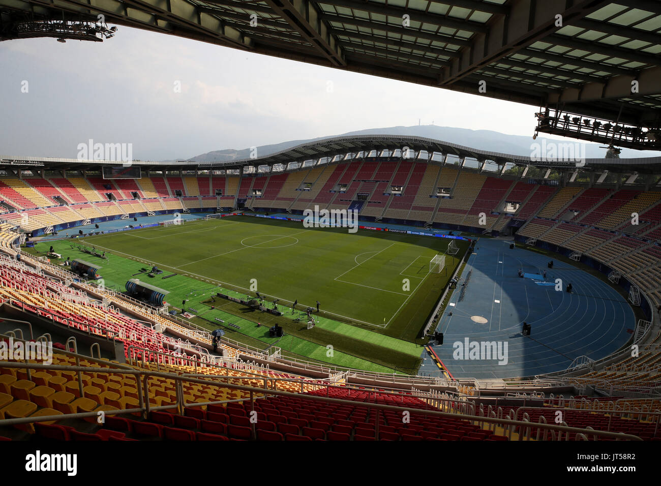 A general view of the pitch and stands at the Philip II Arena, Skopje ...