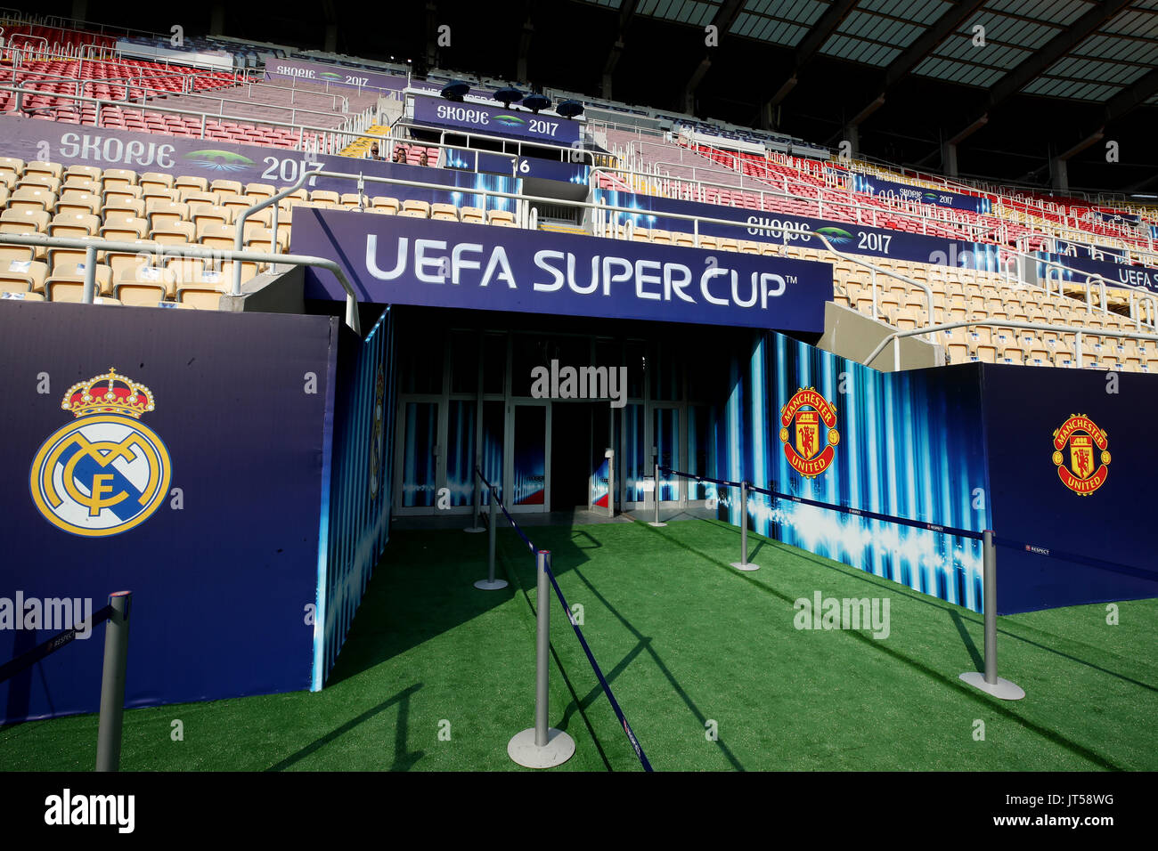 A general view of the pitch and stands at the Philip II Arena, Skopje ...