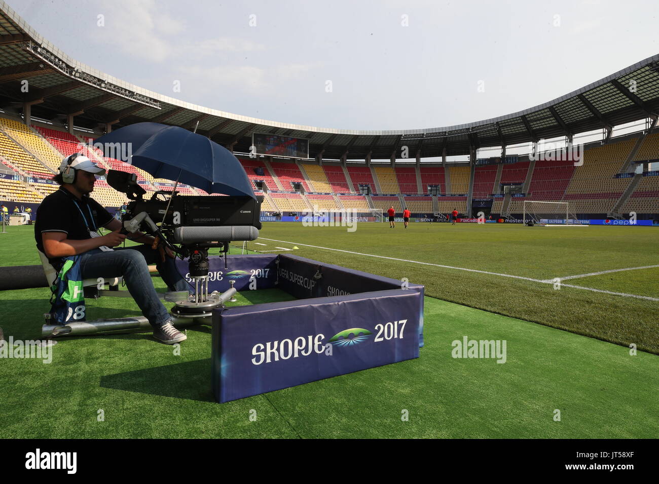 A general view of the pitch and stands at the Philip II Arena, Skopje ...