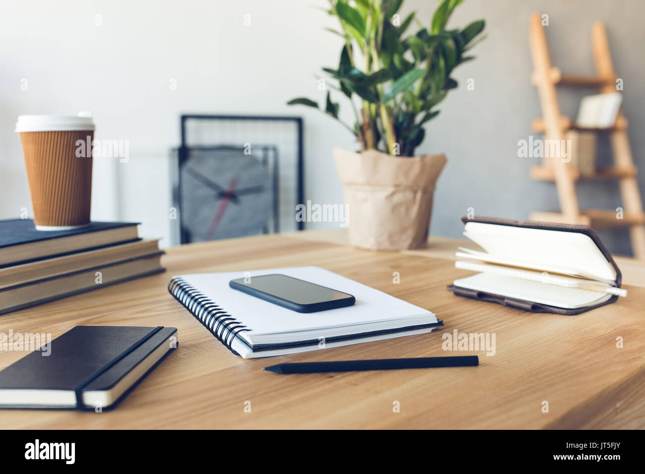 design of workplace in home office with modern equipment and objects ...