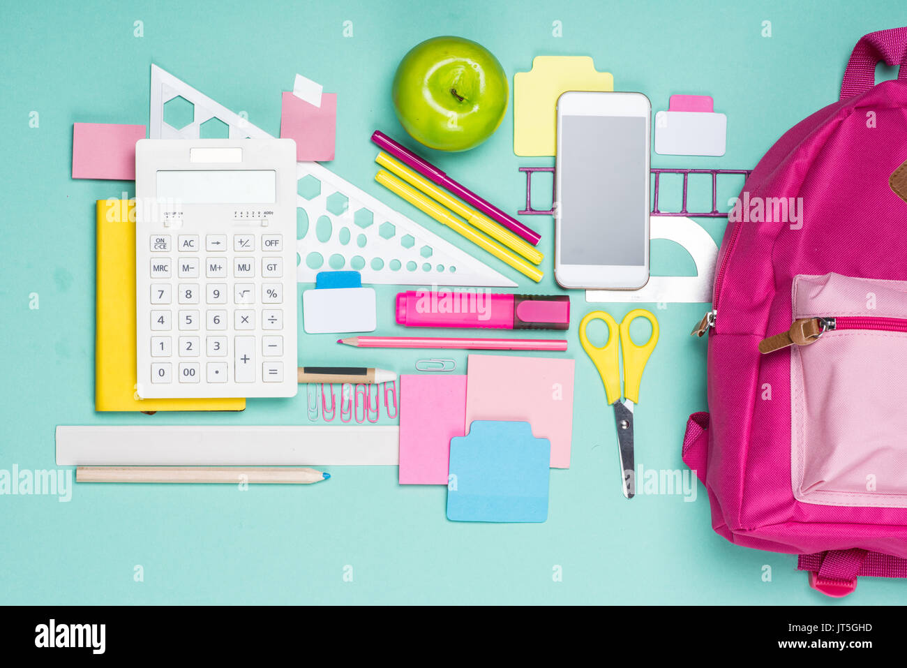 flat lay with various school supplies on colorful surface Stock Photo ...