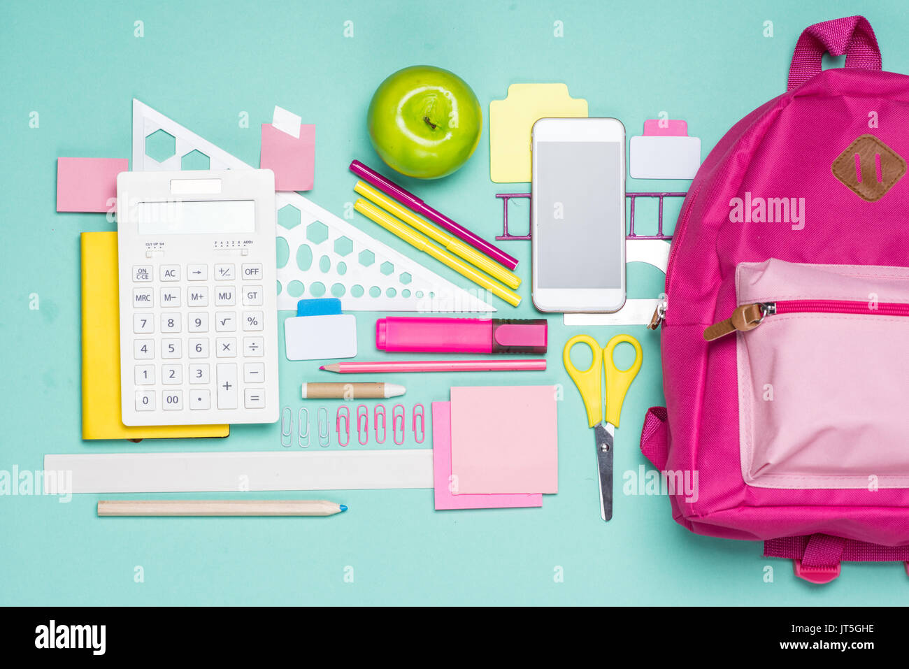 flat lay with various school supplies on colorful surface Stock Photo ...