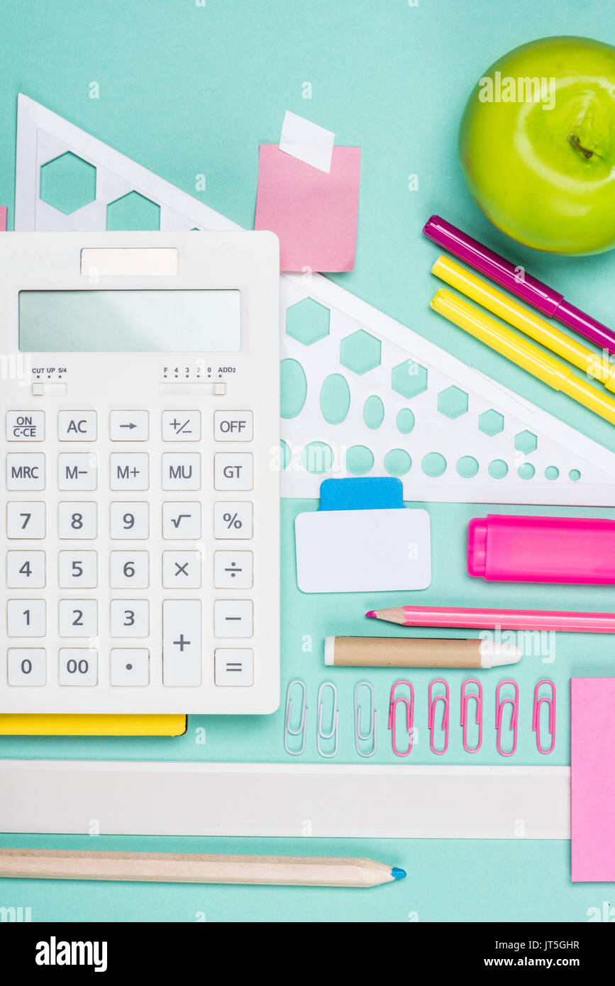flat lay with various school supplies on colorful surface Stock Photo ...