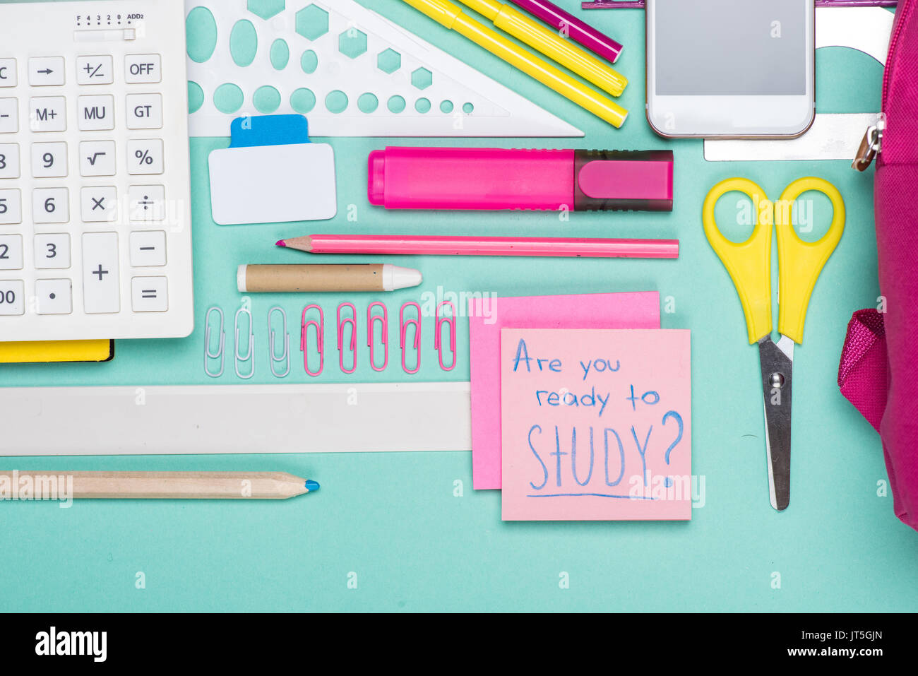 flat lay with various school supplies on colorful surface Stock Photo ...