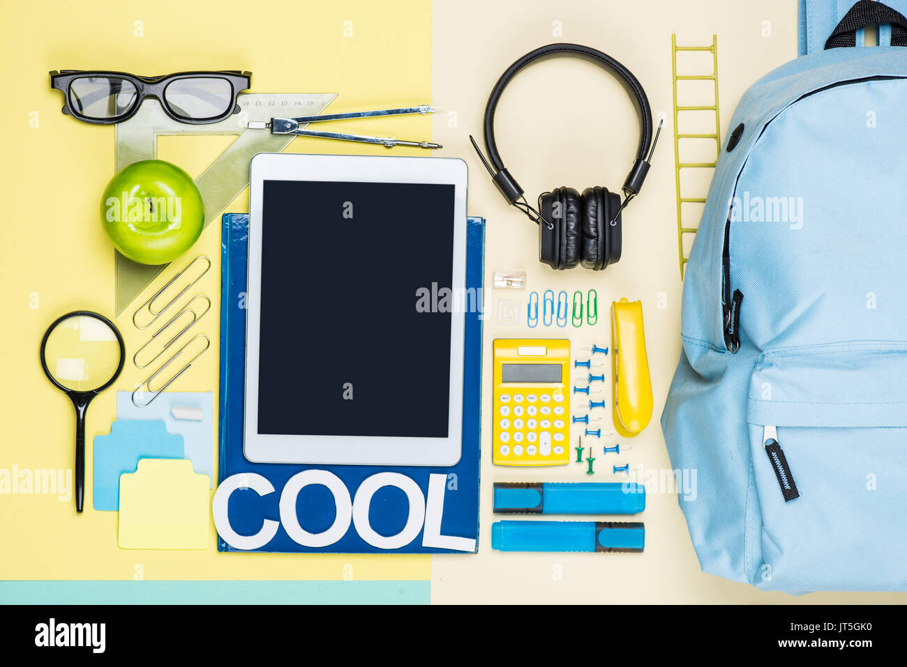 flat lay with various school supplies on colorful surface Stock Photo ...