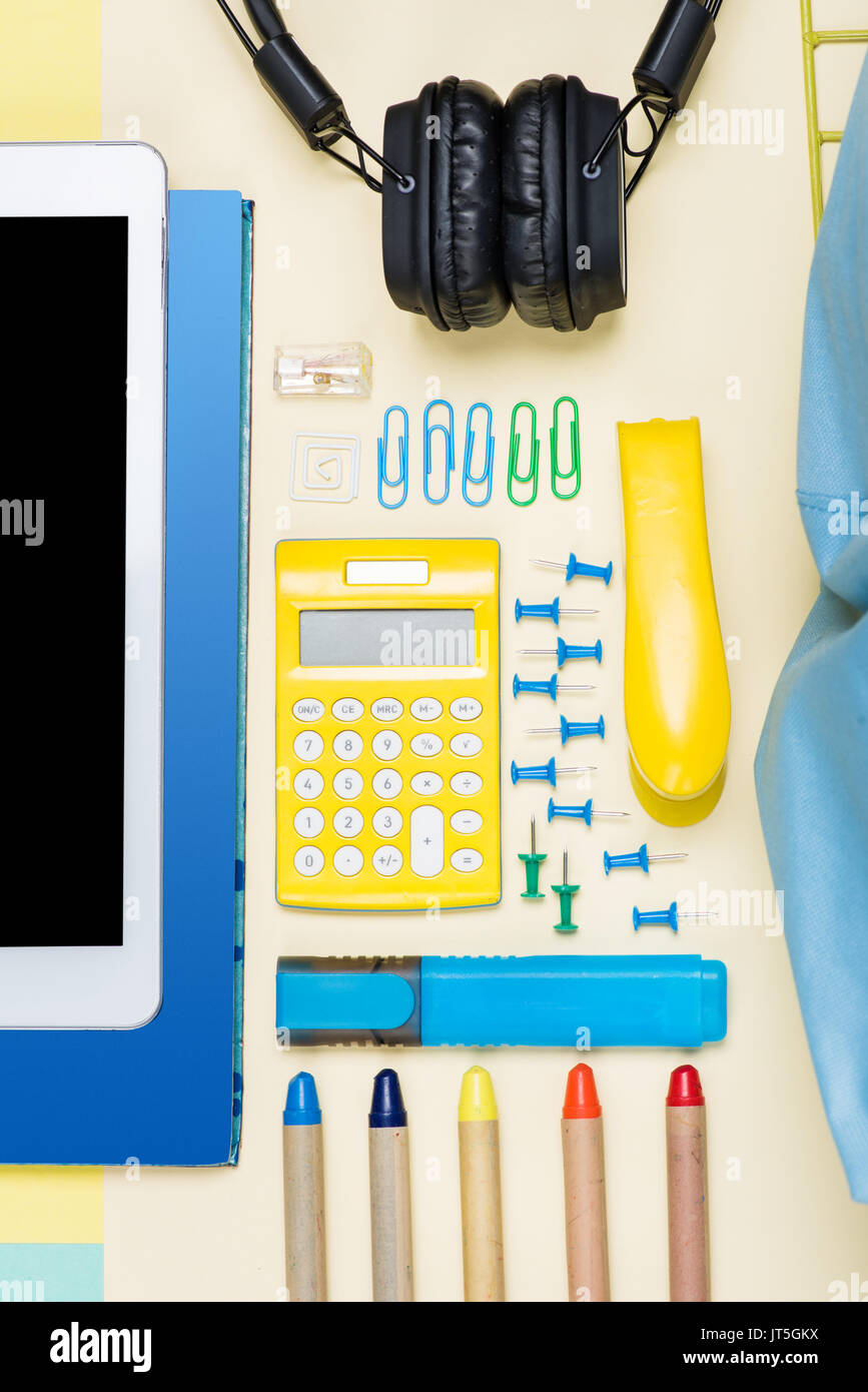 flat lay with various school supplies on colorful surface Stock Photo ...