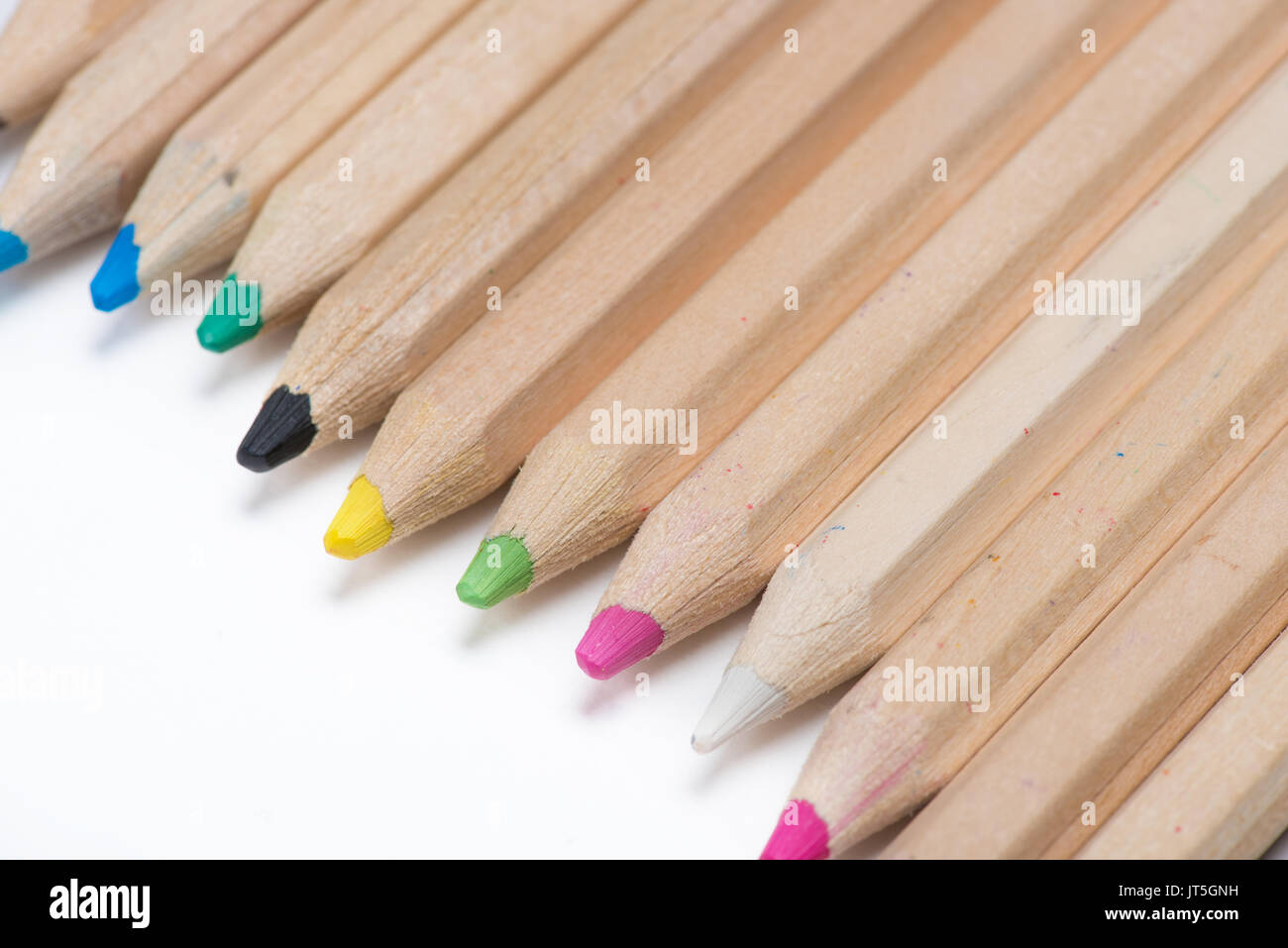 Close-up view of set of wooden color pencils isolated on white Stock ...