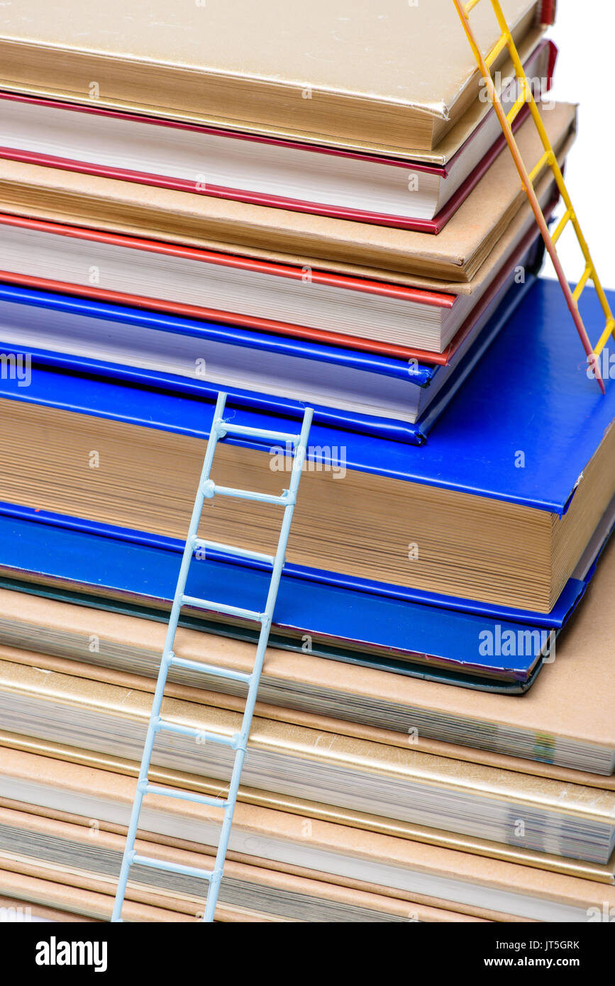 stack of books with ladders isolated on white, educational concept ...