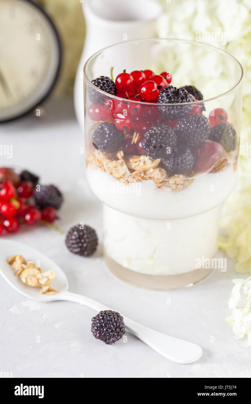Healthy light breakfast: parfait with muesli, berries and yogurt ...
