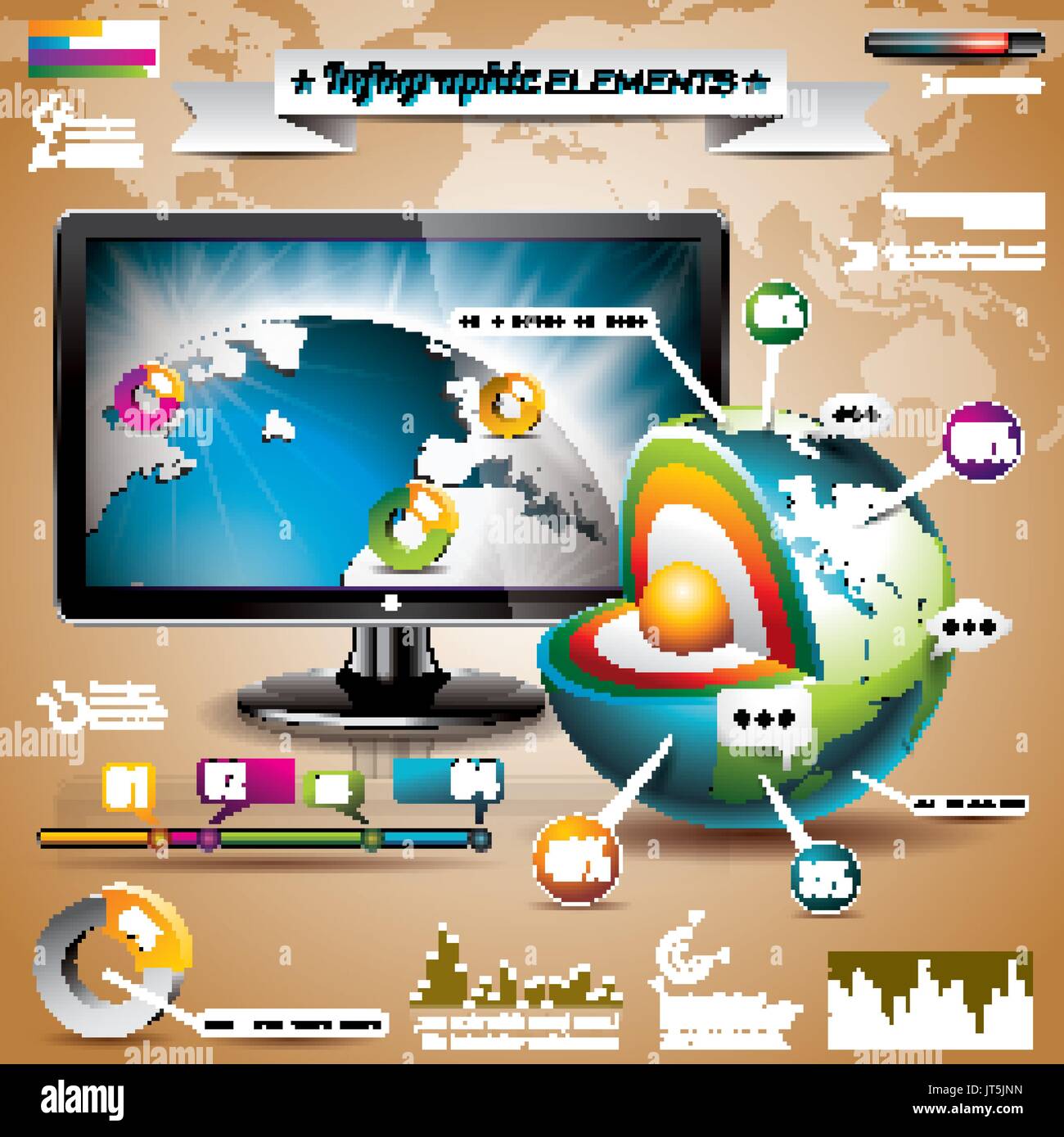 Vector technology design set of infographic elements. World map and ...