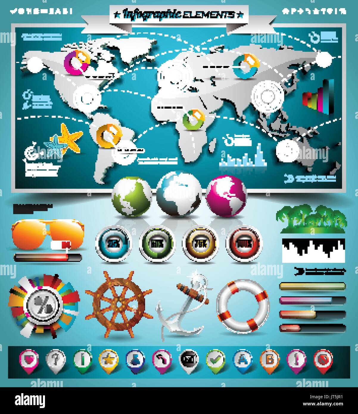 Vector summer travel infographic set with world map and vacation ...