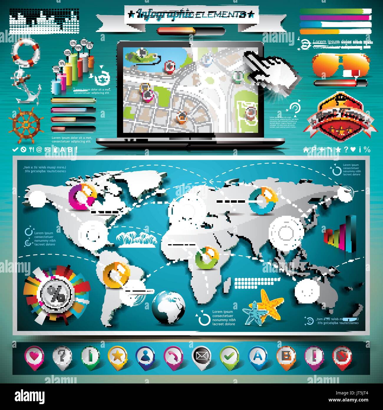 Vector summer travel infographic set with world map and vacation ...
