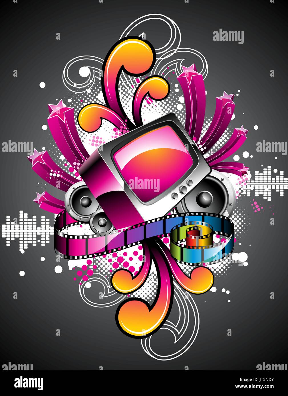 Vector illustration on a media and movie theme with retro tv on ...