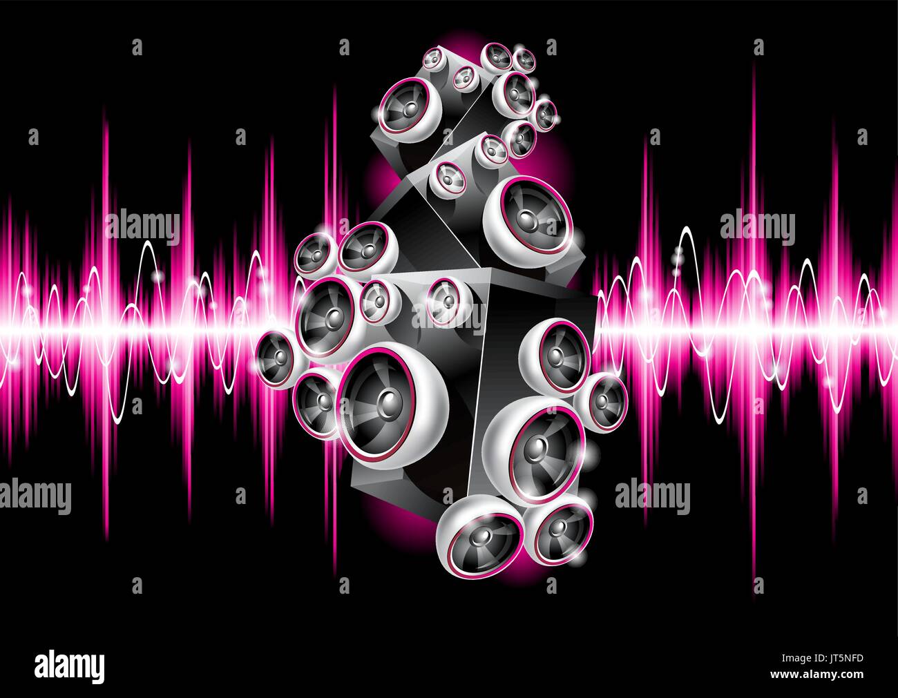 Vector illustration on a musical theme with speakers on abstract wave ...