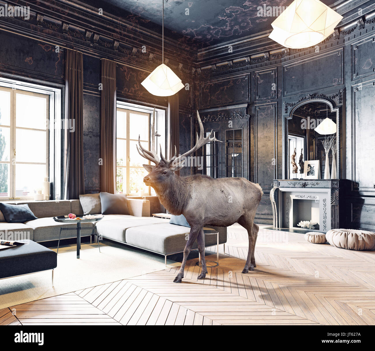 the wild deer in the luxury design room. 3d elements and photo ...
