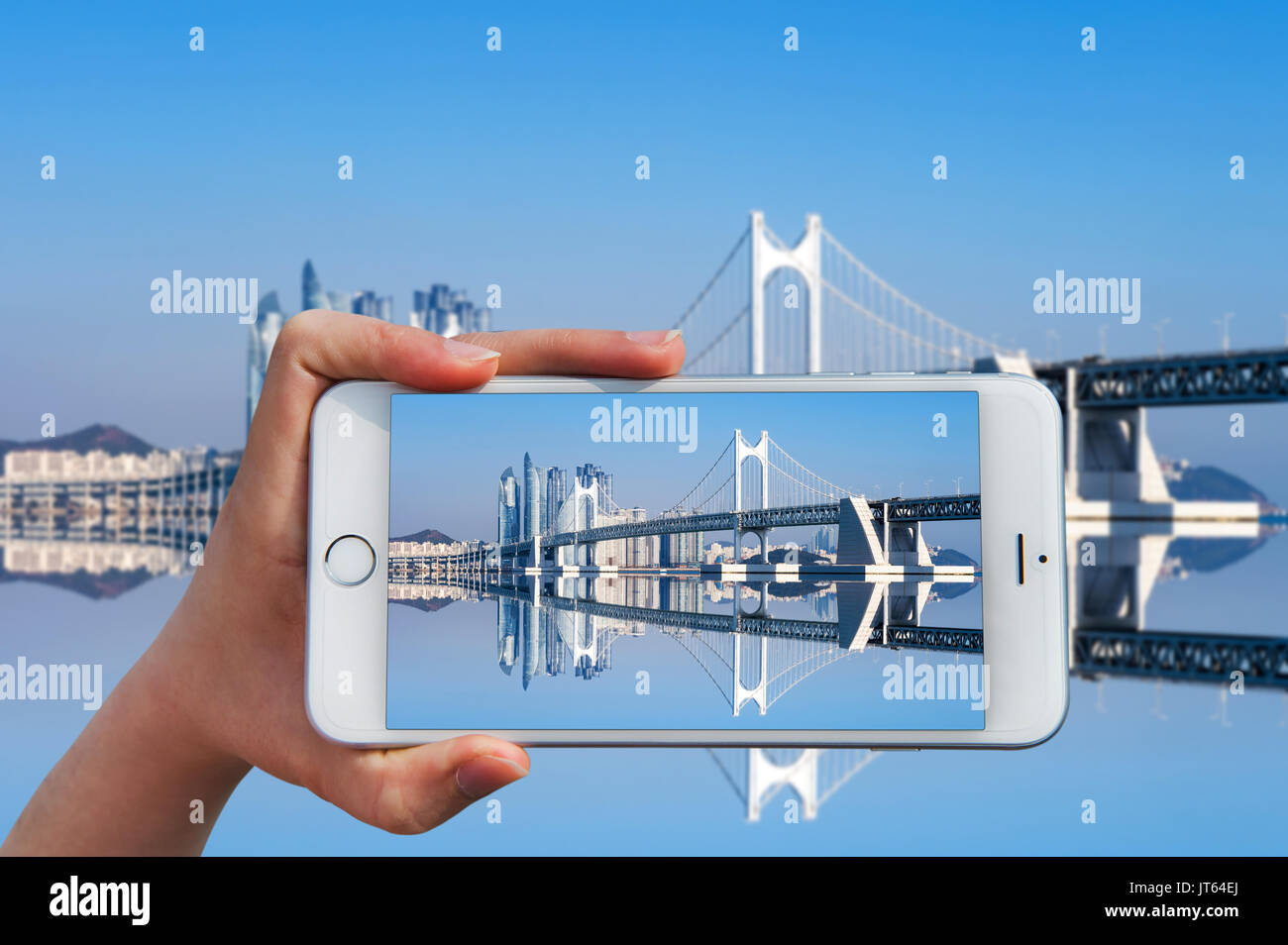 Hand holding smart phone take a photo at Gwangan bridge and Haeundae in ...