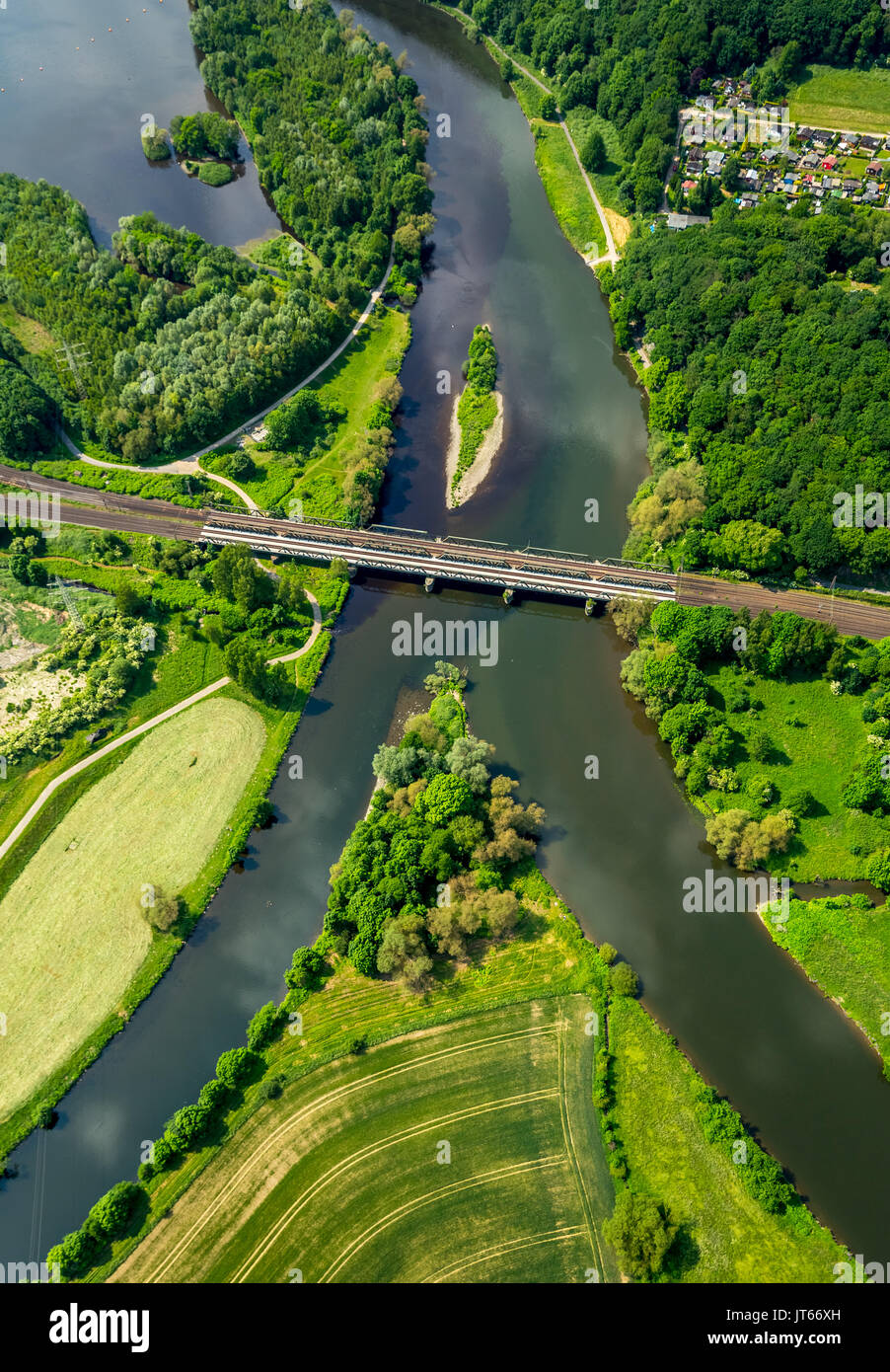 Ruhr Valley, river mouth Ruhr and Lenne in Hengsteysee, aerial photo ...