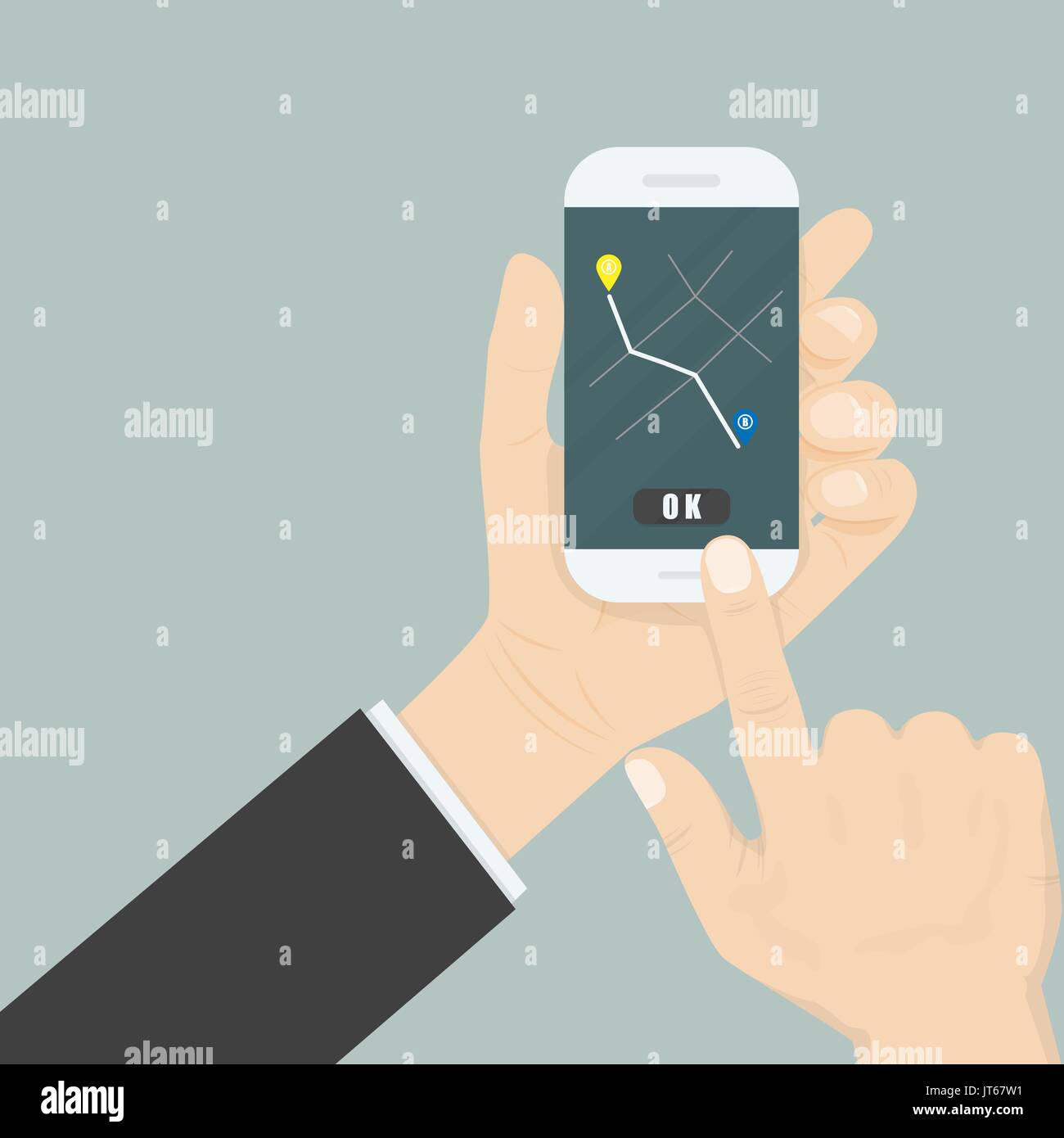 Hand and mobile smart phone with map gps navigation application interface on the screen.Map gps ...