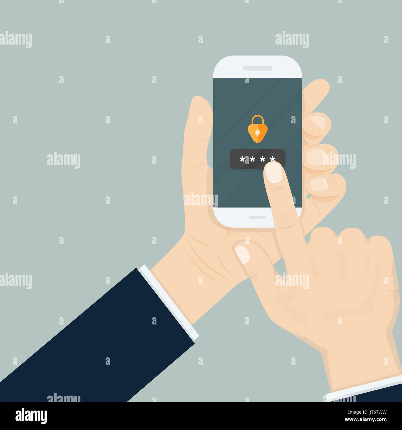 Hand holding smartphone while entering the password.Mobile phone unlocked notification button ...