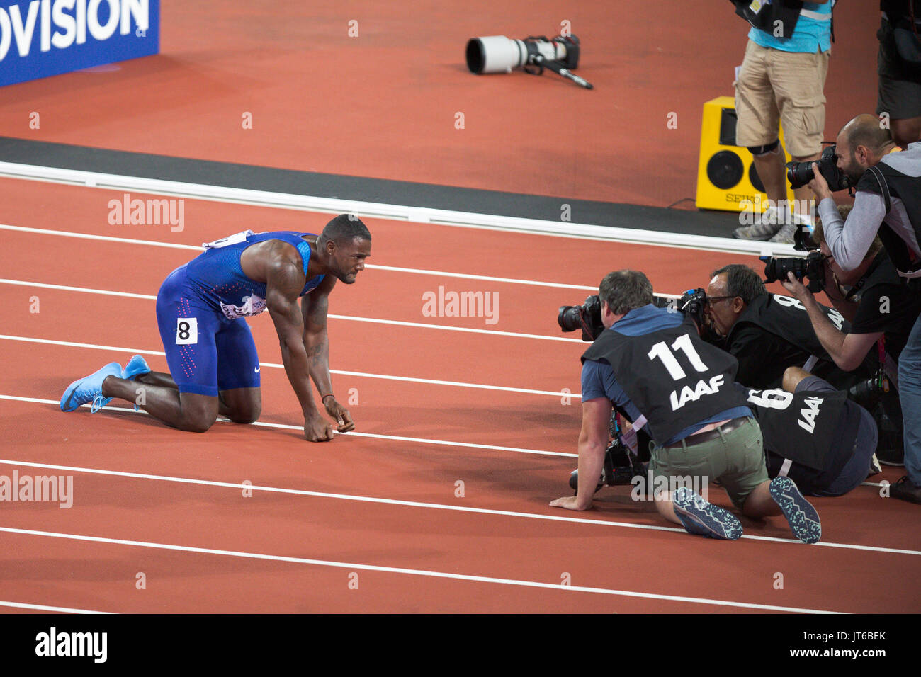 LONDON, ENGLAND - AUGUST 05: Justin Gatlin after winning the Men's 100m ...