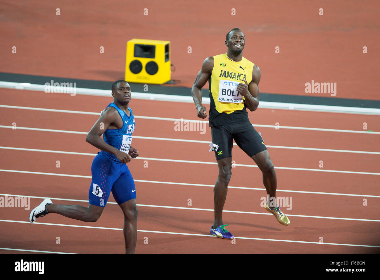 LONDON, ENGLAND - AUGUST 05: Usain Bolt and Justin Gatlin (blue top ...