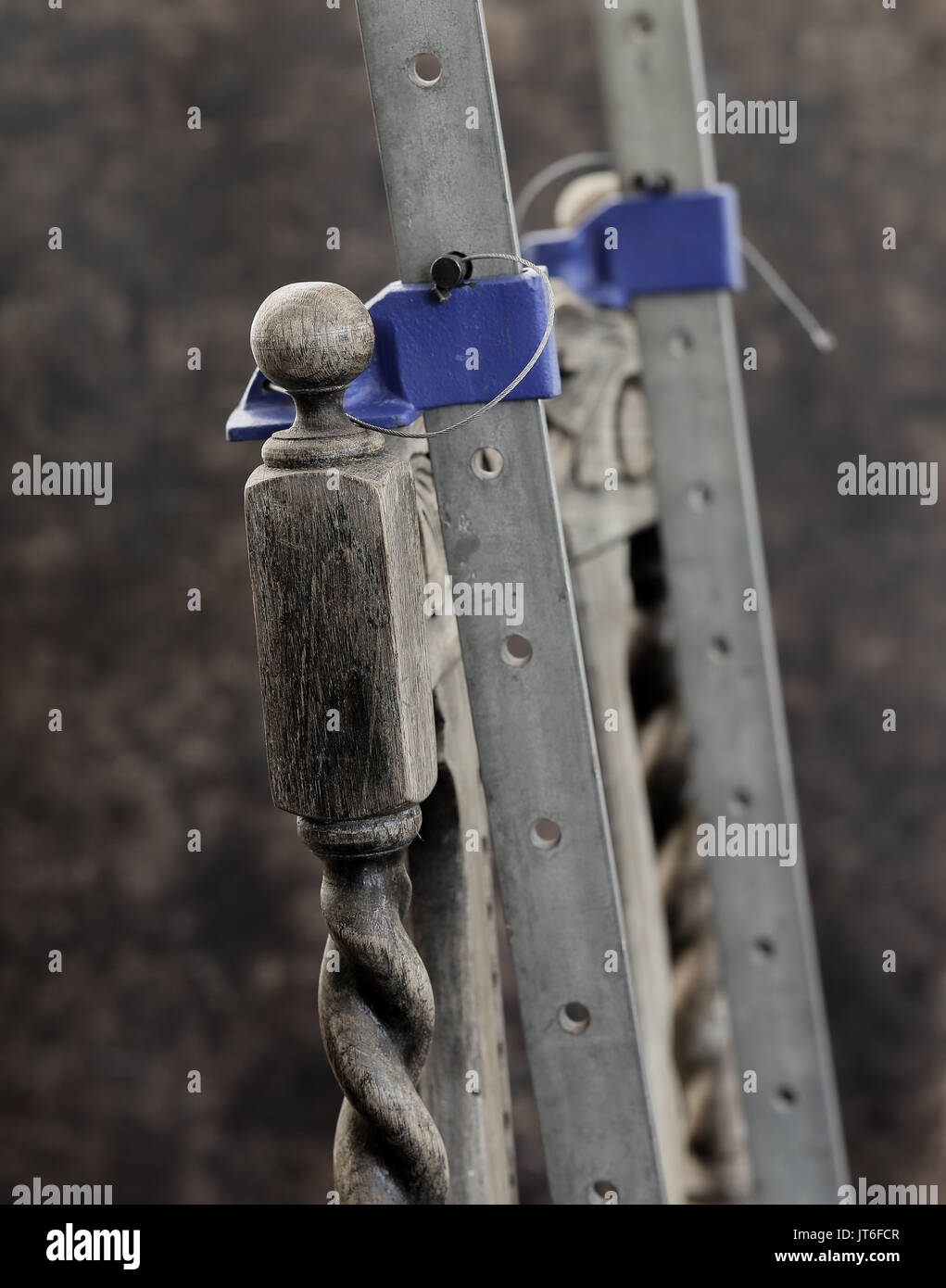 Broken old dusty antique weathered oak chair stability repair with wood ...