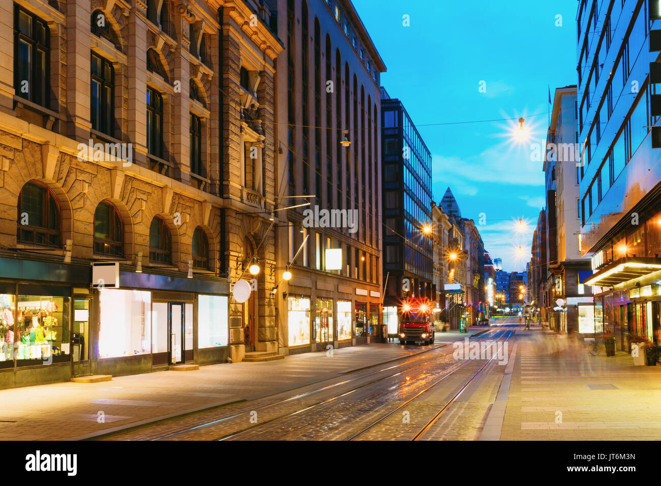 Helsinki, Finland. Night View Of Aleksanterinkatu Street In Kluuvi ...