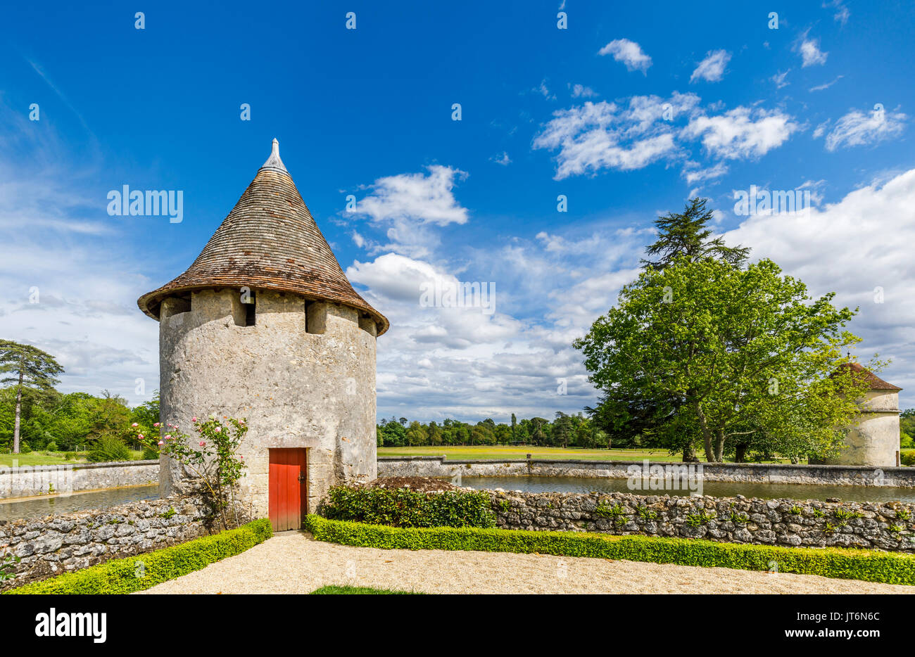 Tower in gardens of Chateau de la Brede, a feudal castle in La Brede ...