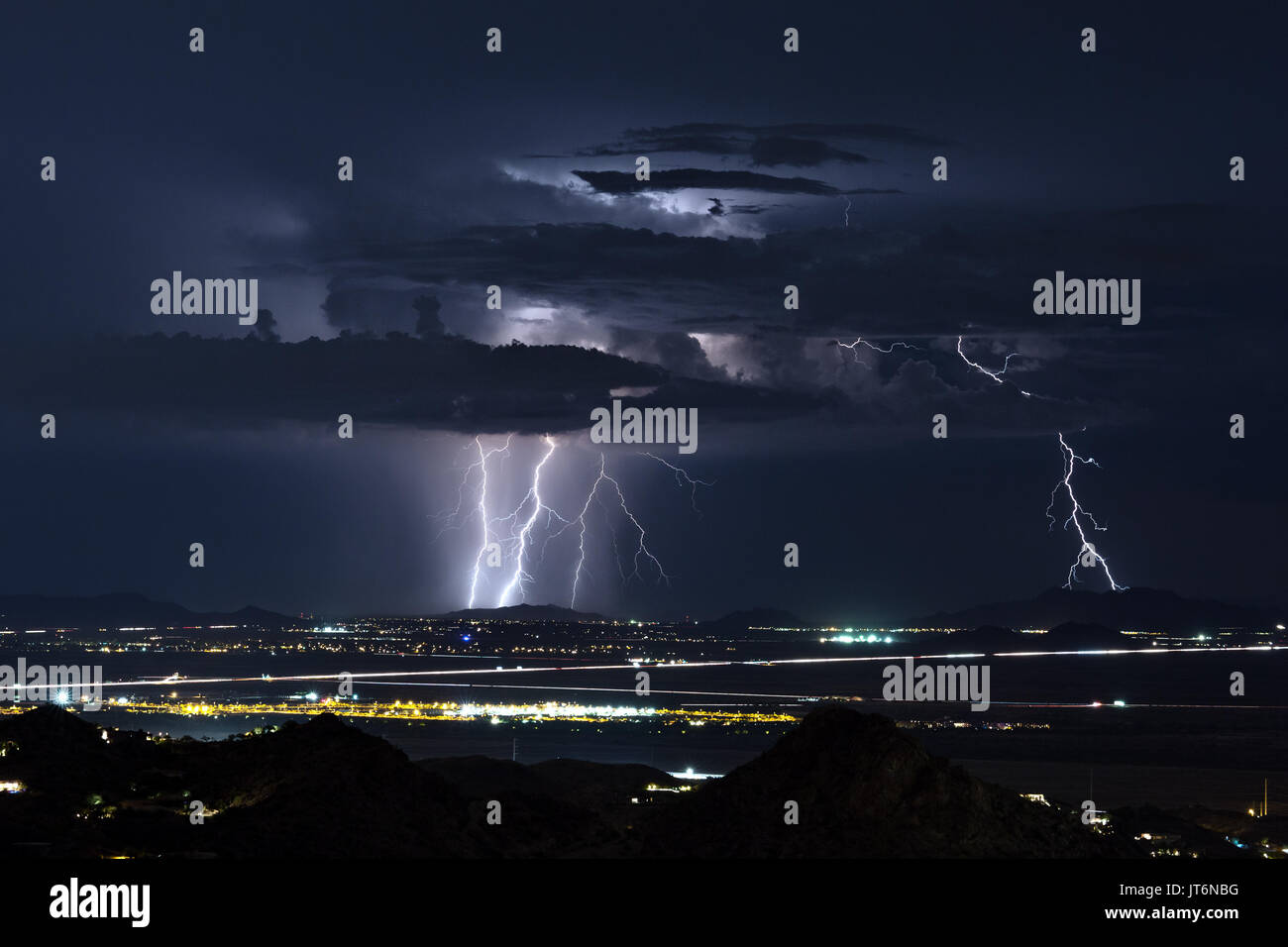 Lightning in a monsoon thunderstorm over Phoenix, Arizona Stock Photo ...