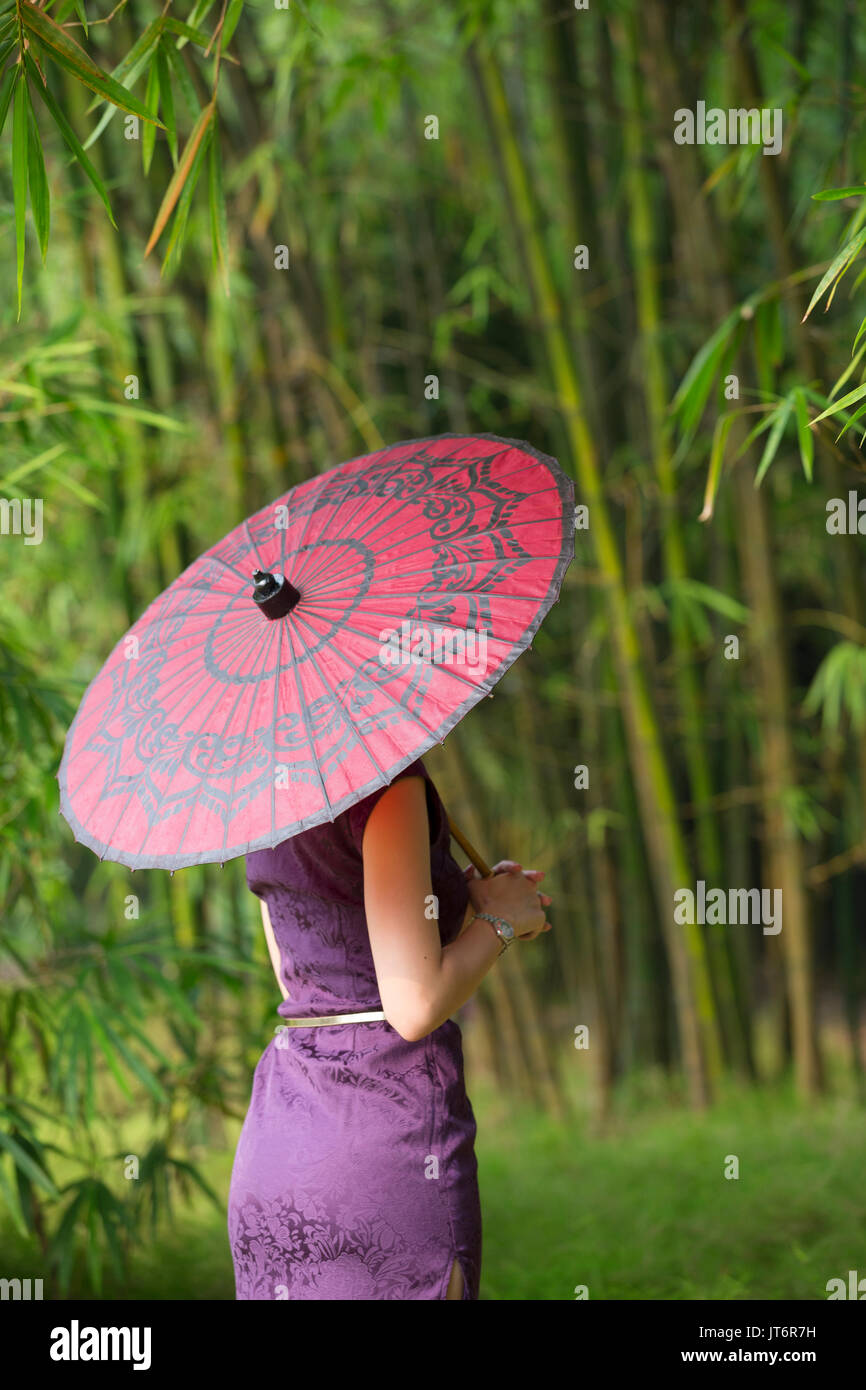 Rear view of a mysterious Chinese Woman wearing a Cheongsam Chinese ...