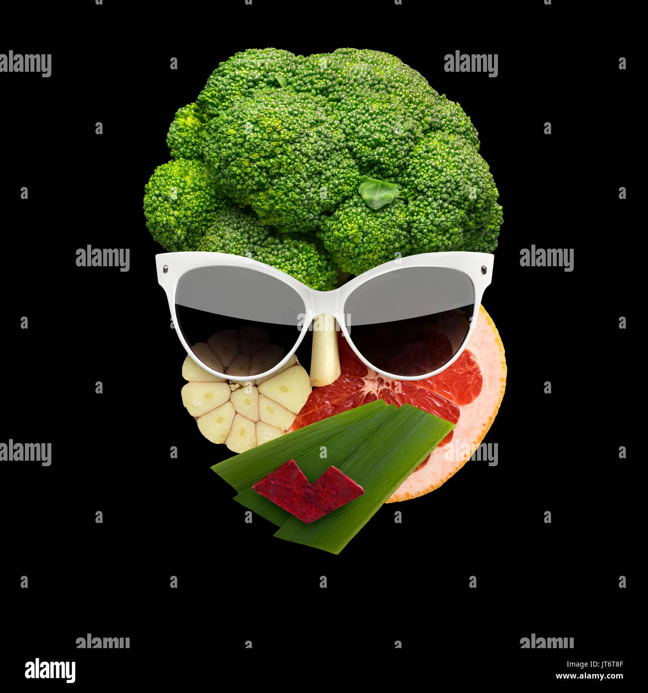 Quirky food concept of cubist style female face in sunglasses made of ...