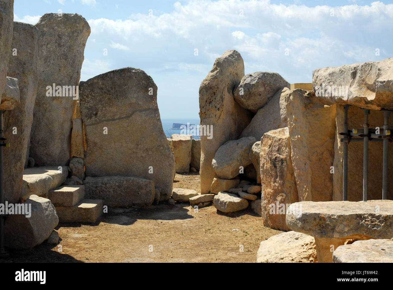 Megalithic temple complex of Mnajdra,Malta.In the distance Filfla ...