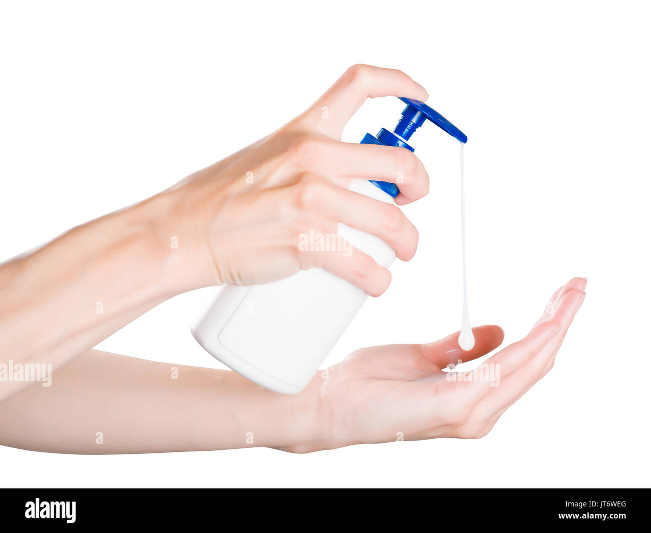 Woman hands pushing soap dispenser with soap drop. Isolated on white ...