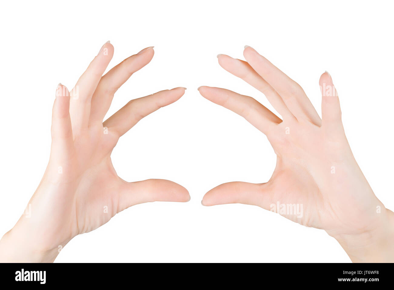 Woman hands showihg or holding something invisible. Isolated on white ...