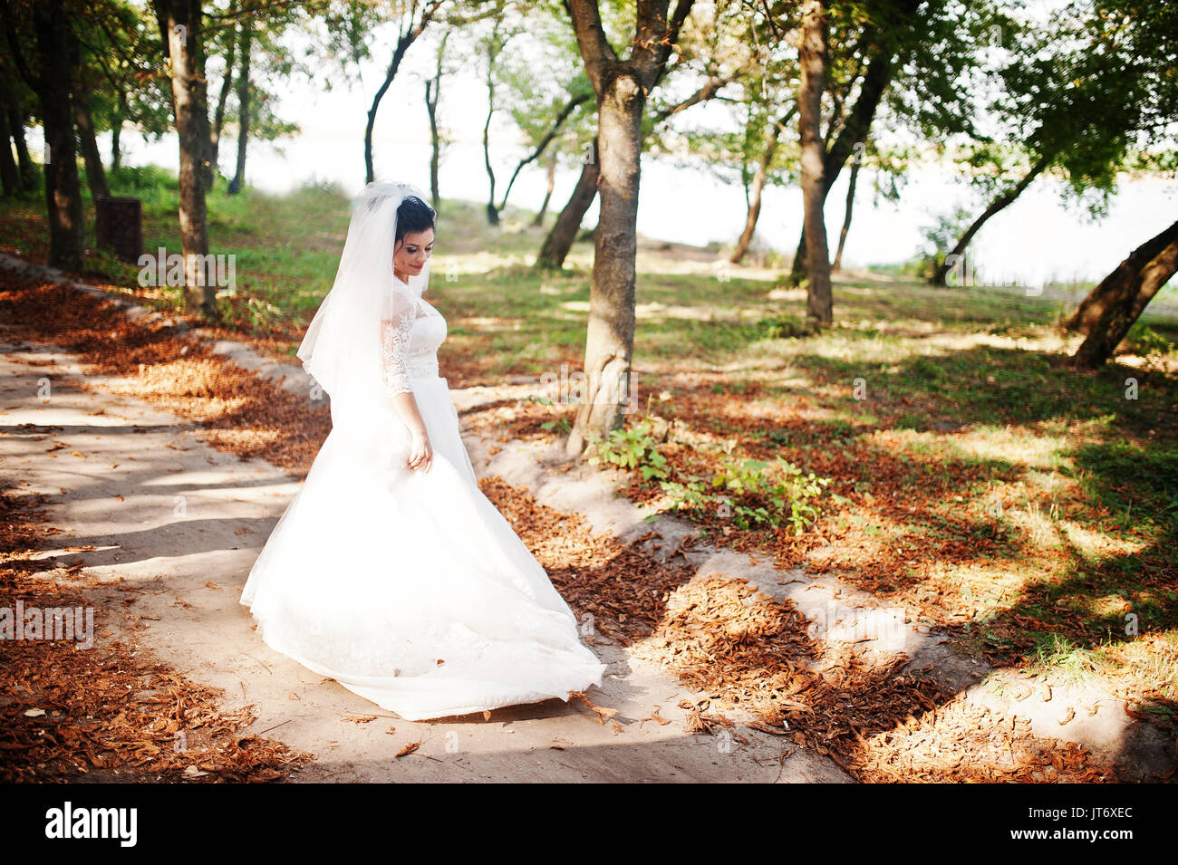 Portrait of a lonely bride walking in the park on the wedding day Stock ...