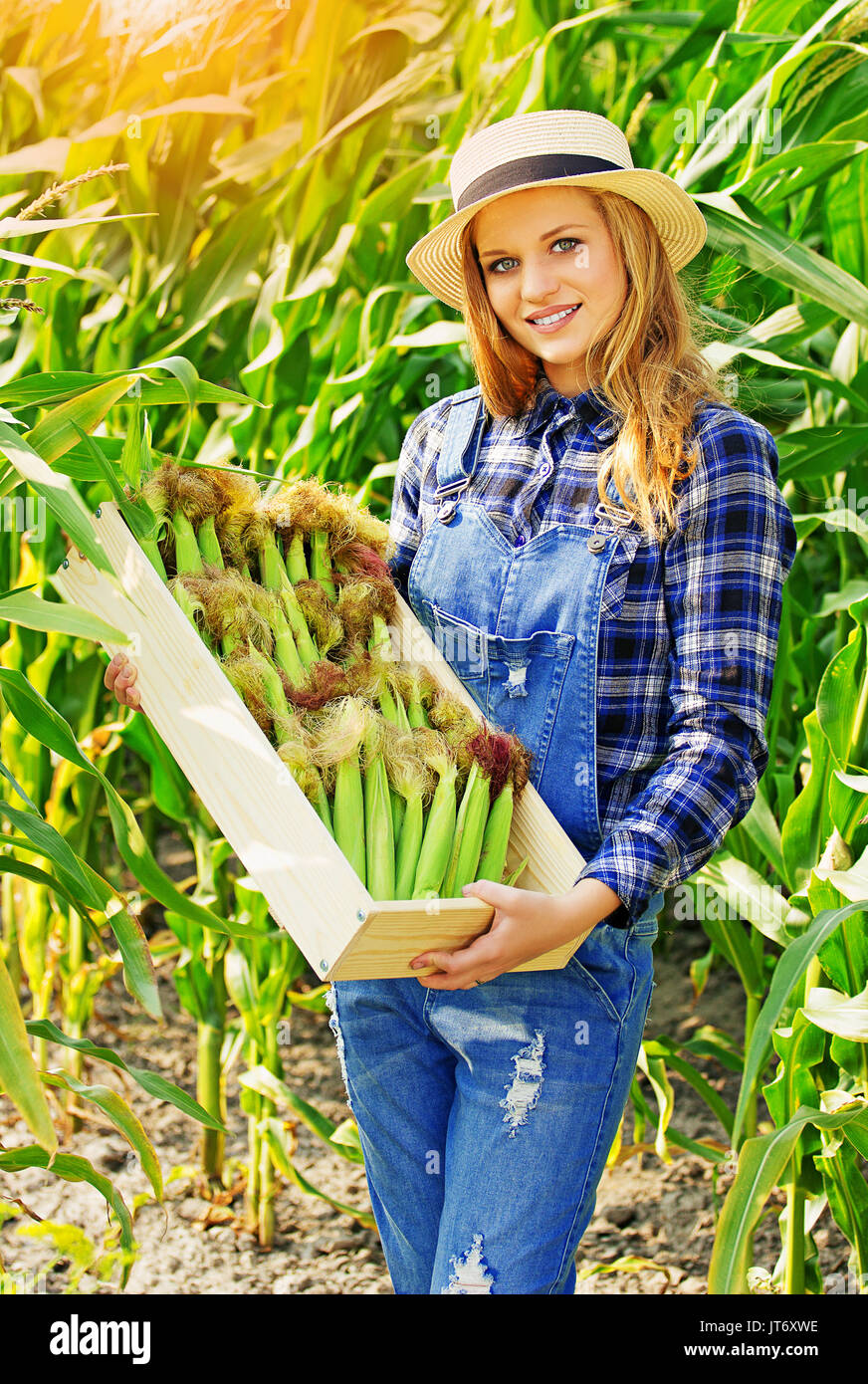 Time to crop corn. Portrait of young and attractive smiling girl in hat ...